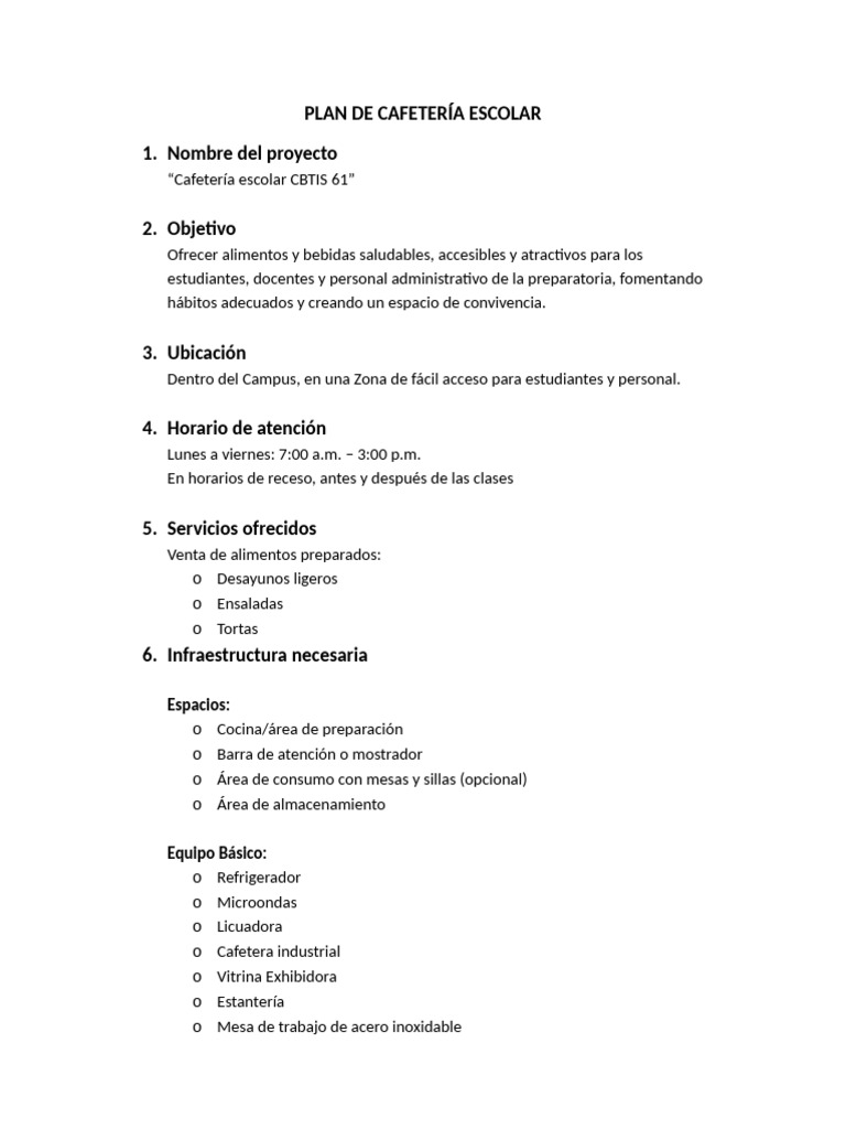 Plan de Cafetería Escolar CBTIS 61 | PDF | Alimentos