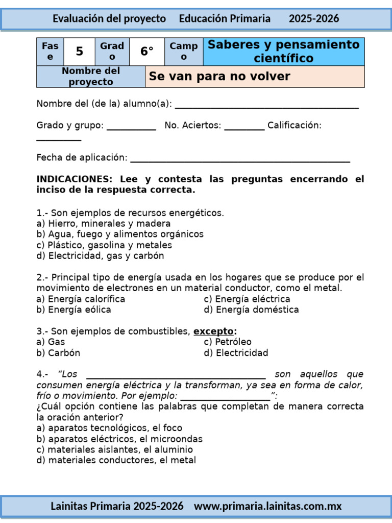 6to Grado Enero - Examen 01 Se Van Para No Volver (2025-2026) | PDF | Ingenieria Eléctrica ...
