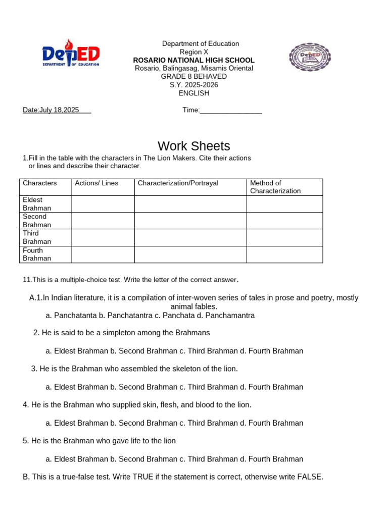 Grade 7 Work Sheets 2025 2026 | PDF