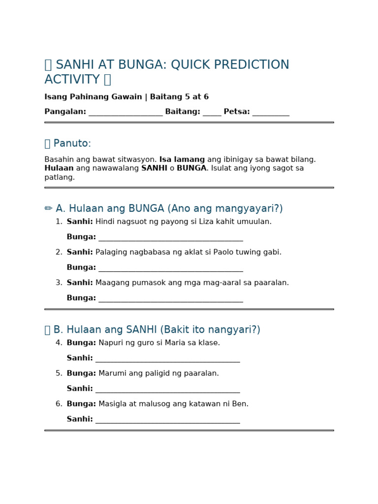 Sanhi at Bunga Worksheet (Grade 5-6) | PDF