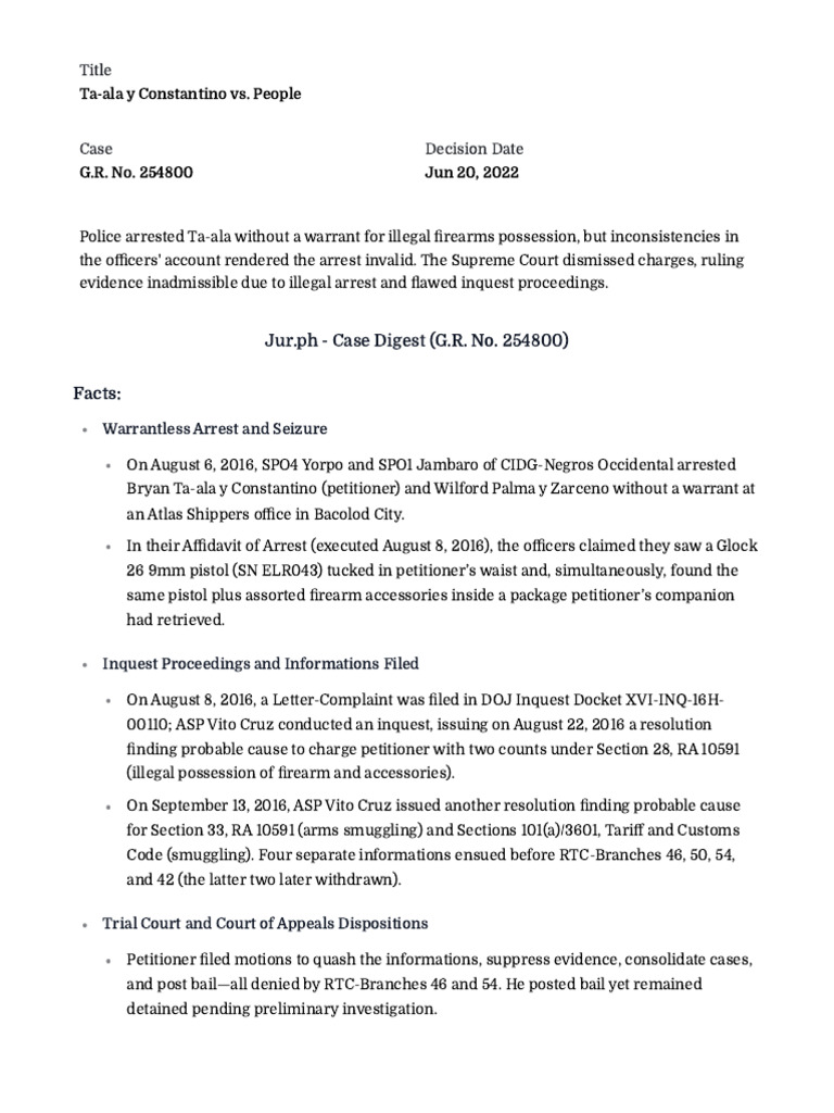 Case Digest - G.R. No. 254800 - Ta-Ala y Constantino vs. People | PDF | Bail | Exclusionary Rule