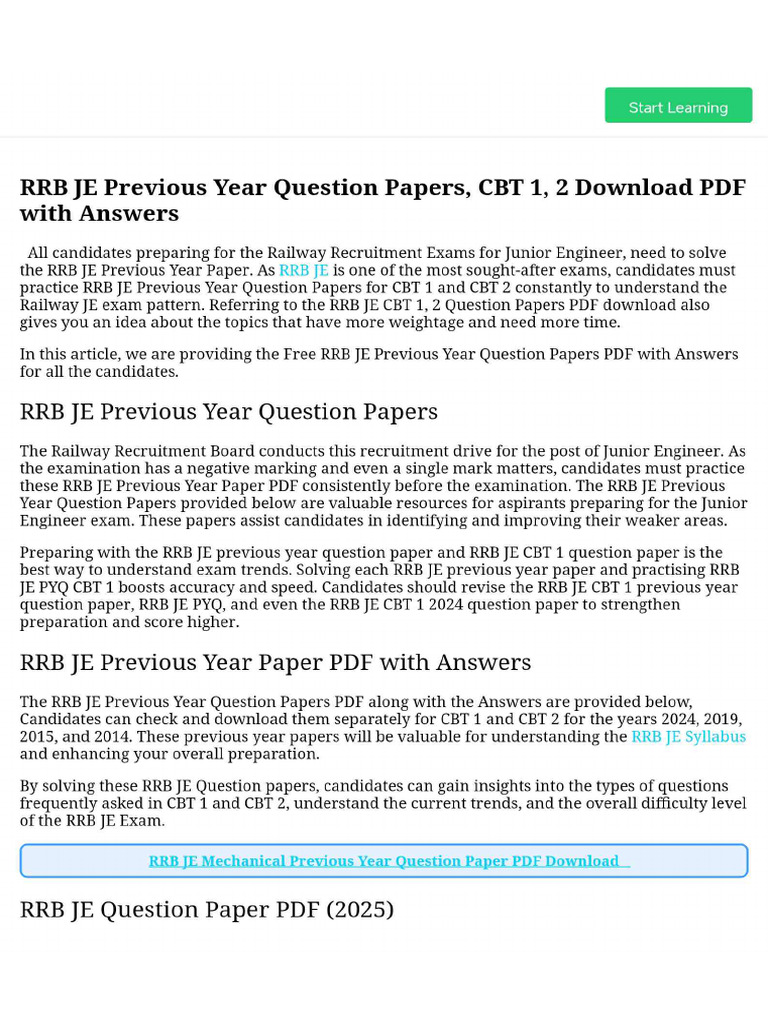 RRB JE Previous Year Question Papers, CBT 1, 2 Download PDF With ...