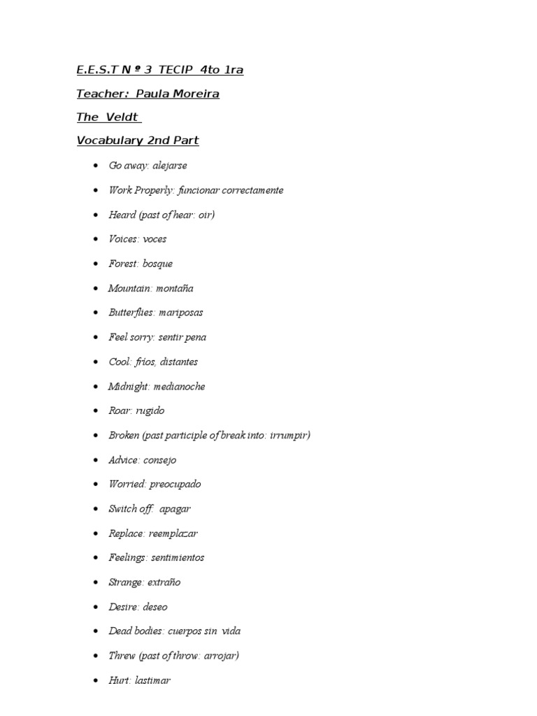 Vocabulary List for "The Veldt" | PDF