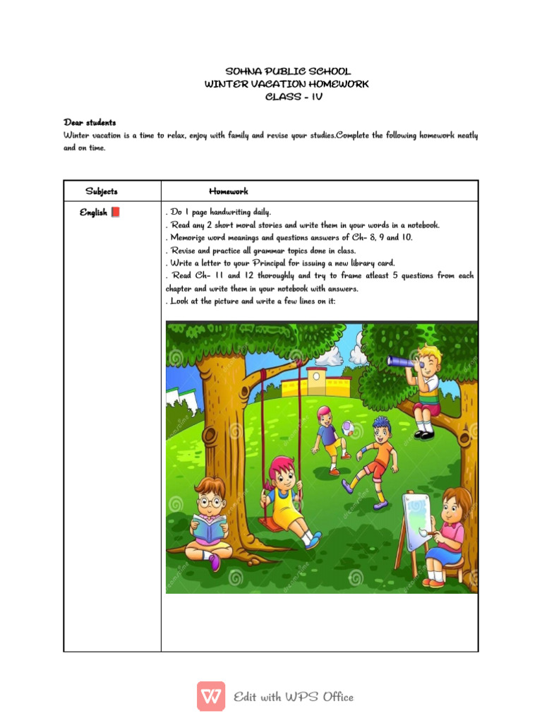 Winter Homework for Class 1V Students | PDF