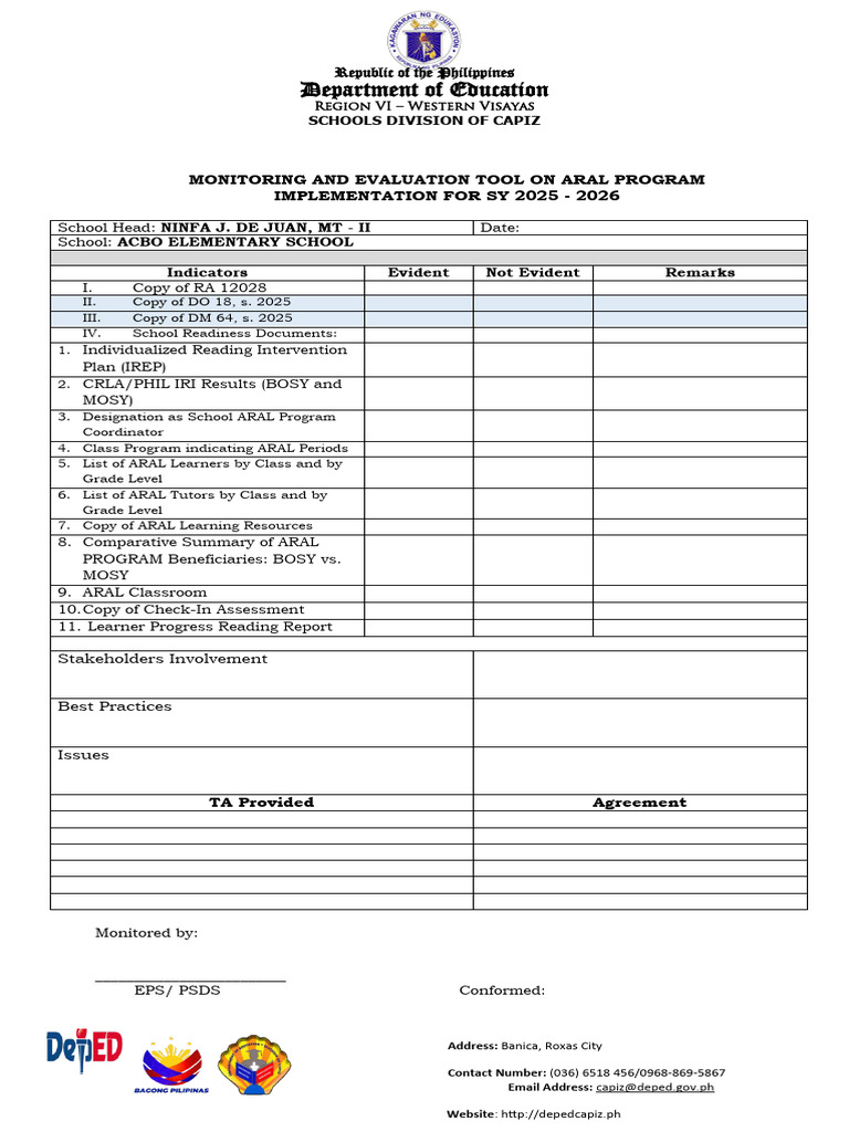 ARAL Program Monitoring Tool 2025-2026 | PDF