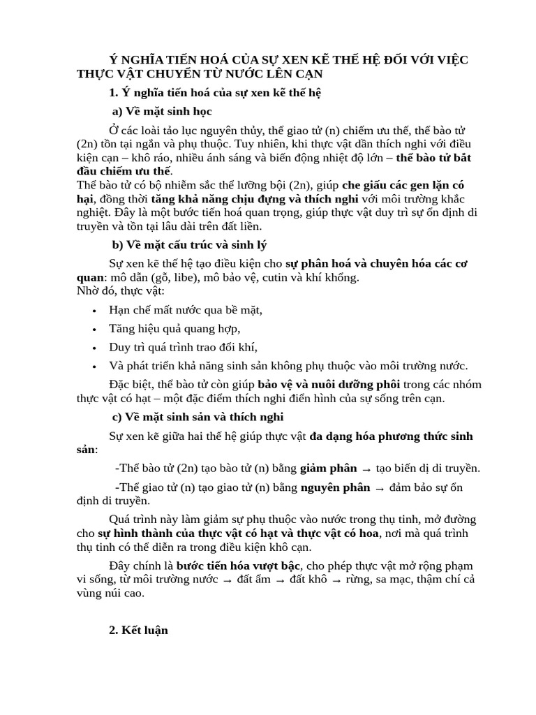 ý Nghĩa Tiến Hoá Của Sự Xen Kẽ Thế Hệ Đối Với Việc Thực Vật Chuyển Từ ...