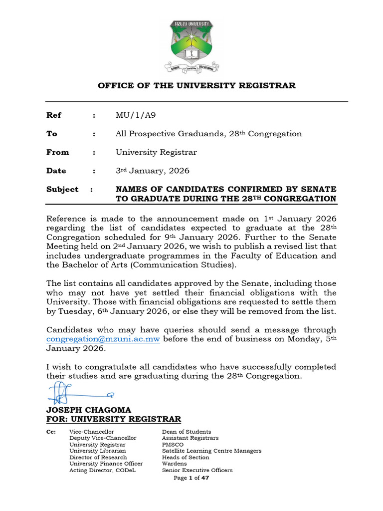 28th Mzuzu University Graduation List | PDF