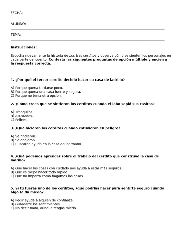 Actividades sobre Los Tres Cerditos | PDF
