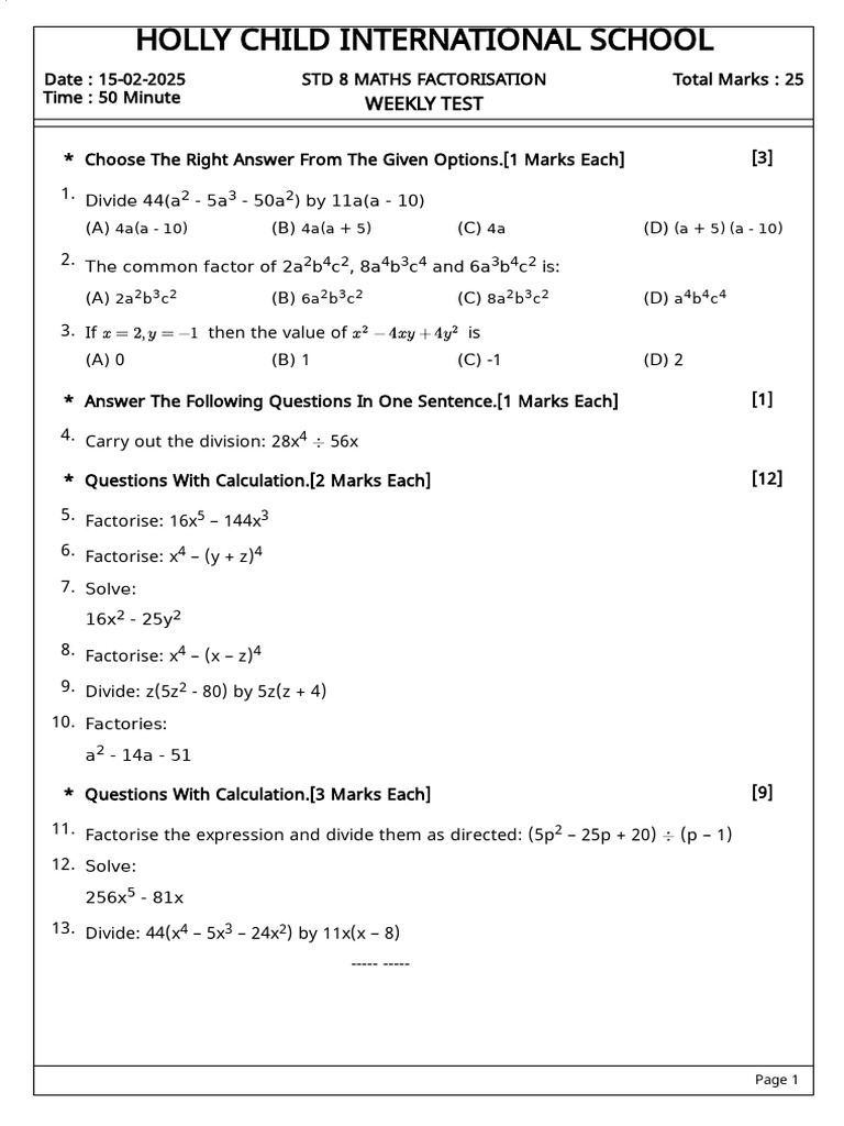 8th Grade Maths Factorisation Test | PDF