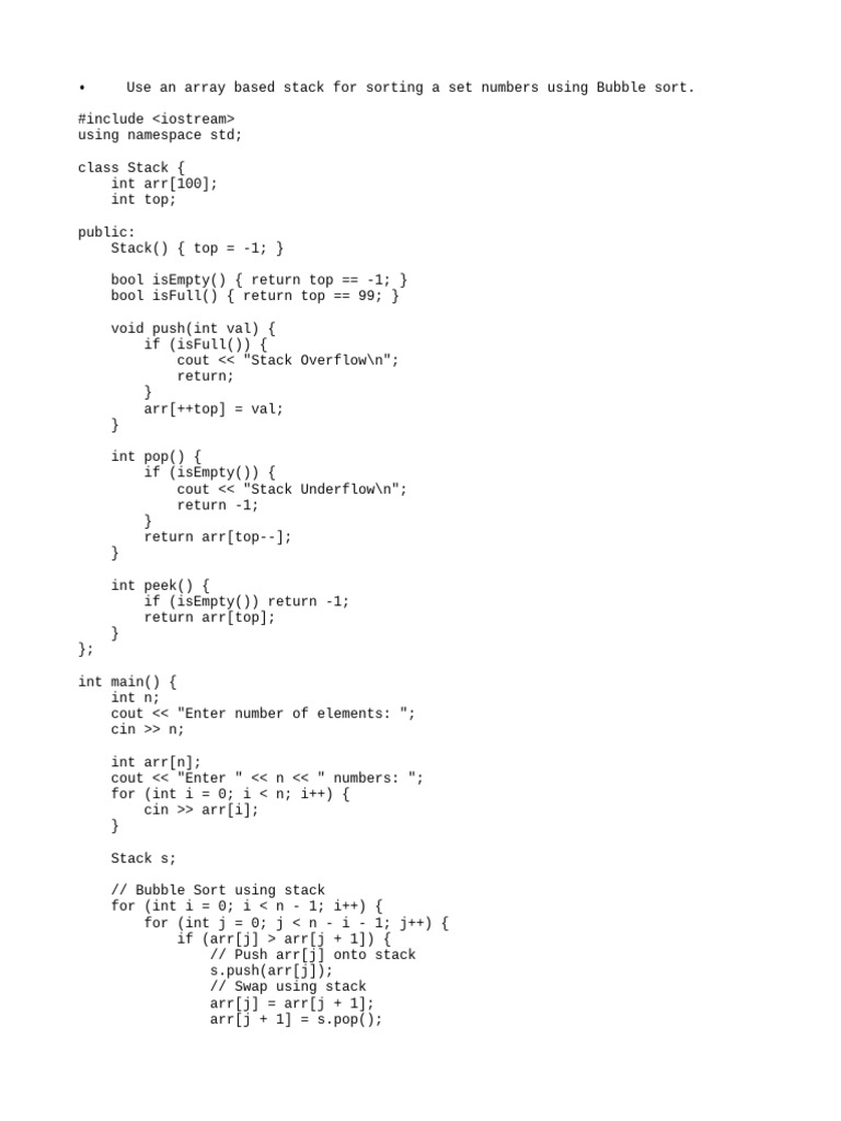 Use an Array Based Stack for Sorting a Set Numbers Using Bubble Sort. | PDF