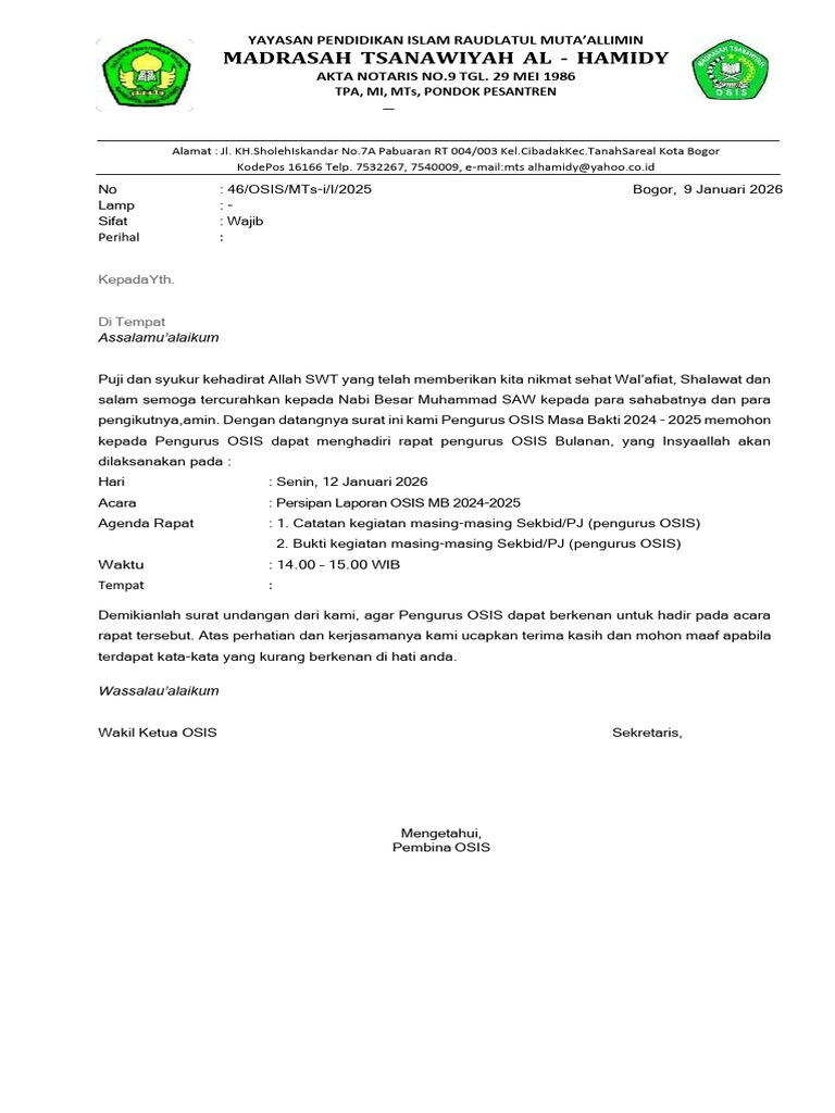 Undangan Rapat OSIS MTs Al-Hamidy 2026 | PDF