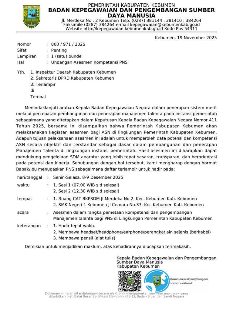 Undangan Asesmen Kompetensi PNS Kebumen | PDF