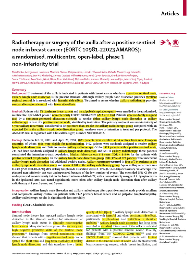 Radiotherapy or Surgery of The Axilla After A Positive Sentinel Node in ...