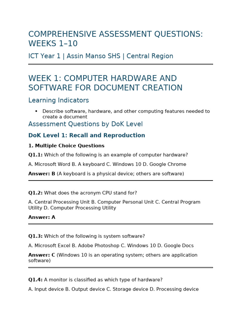 ICT Year 1 Assessment Questions: Weeks 1-10 | PDF | Computer Hardware ...