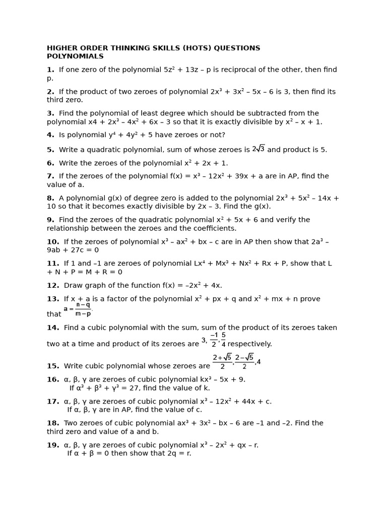 Higher Order Thinking Skills: Polynomials | PDF