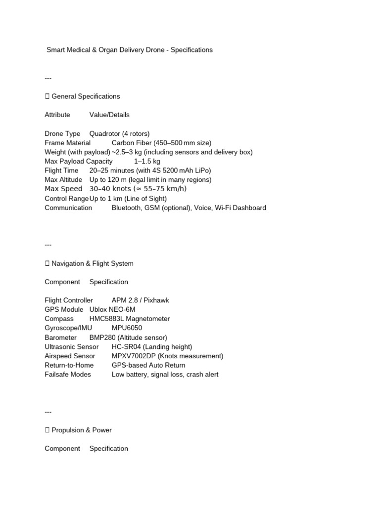 ? Smart Medical & Organ Delivery Drone - Specifications | PDF