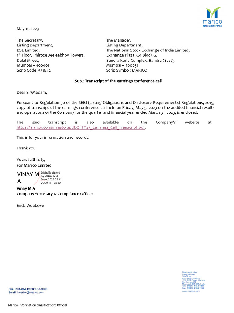 Vinay M A: Sub.: Transcript of The Earnings Conference Call | PDF ...