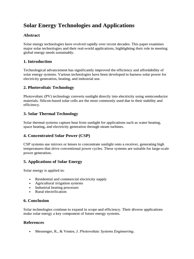 Solar Energy Technologies Overview | PDF | Solar Energy | Solar Power