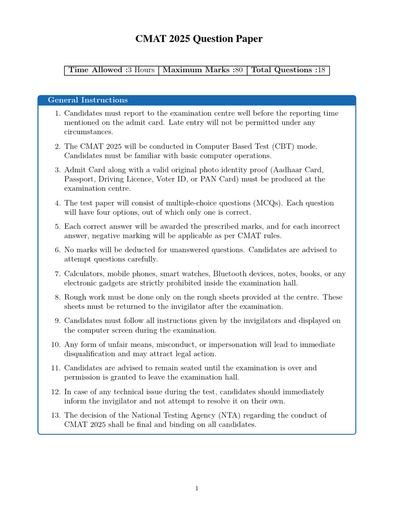 CMAT 2025 Exam Guidelines and Questions | PDF | Cost–Benefit Analysis ...
