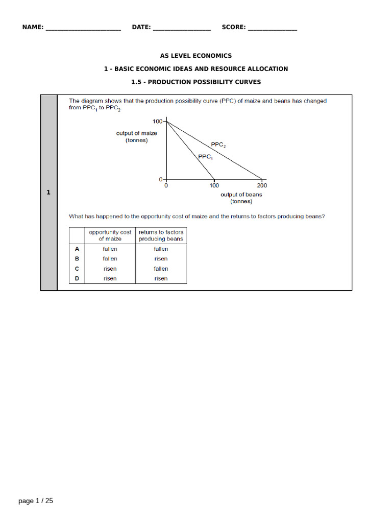 As Level Economics - 1.5 - Production Possibility Curves | PDF