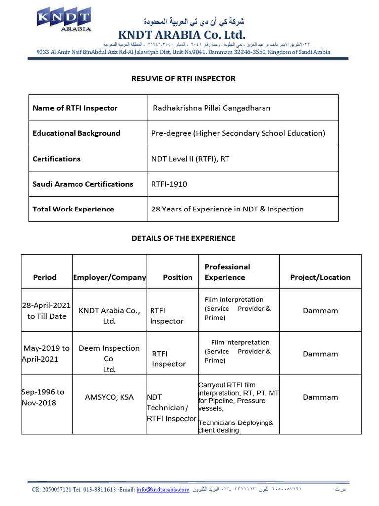RTFI Inspector Resume and Approvals | PDF | Saudi Arabia