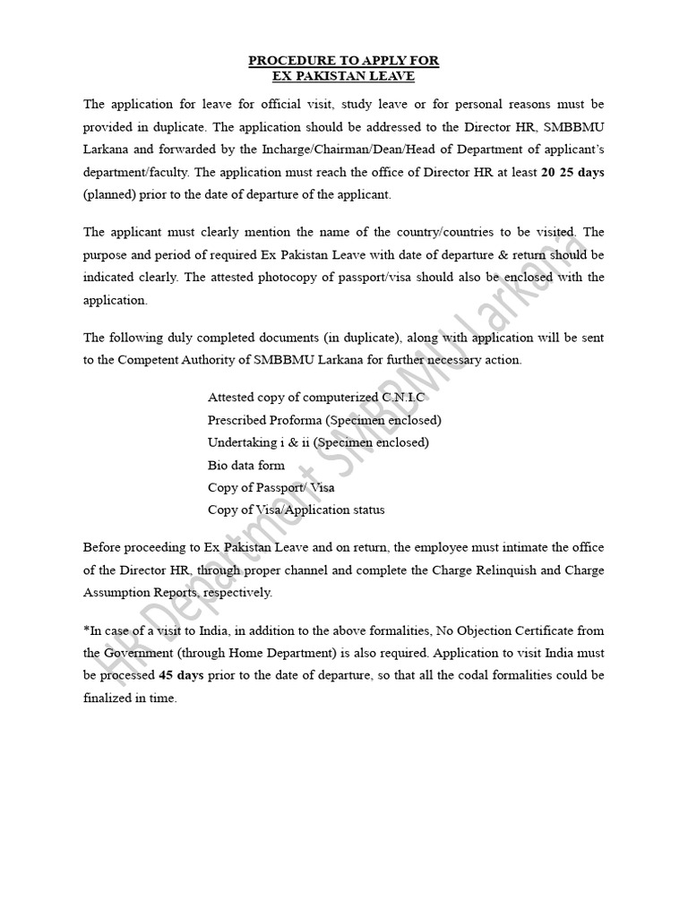 Ex-Pakistan Leave Application Procedure | PDF | Travel Visa | Passport