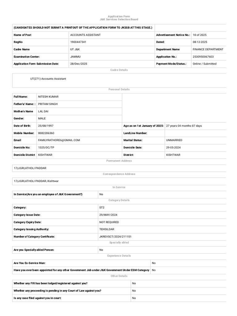J&K Accounts Assistant Application Form | PDF | Justice | Crime & Violence