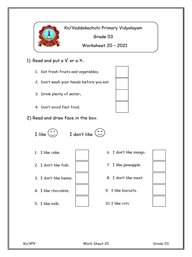 Grade 3 Healthy Eating Worksheet | PDF
