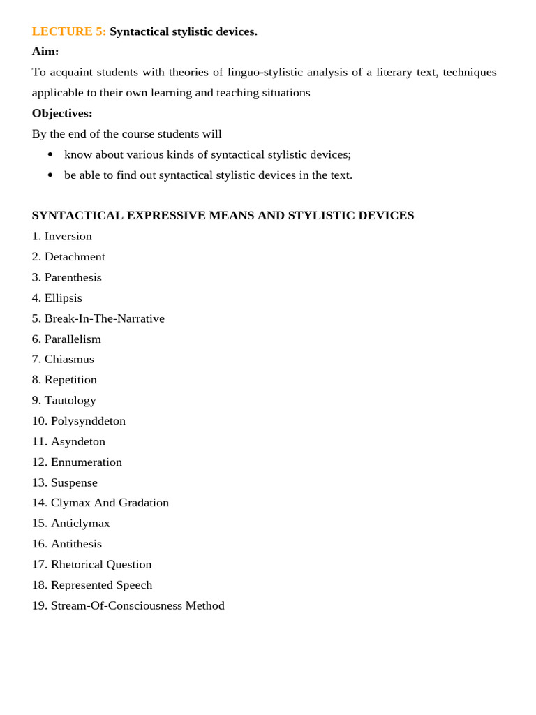 LECTURE 5 Syntactical Stylistic Devices. | PDF | Ellipsis | Bracket
