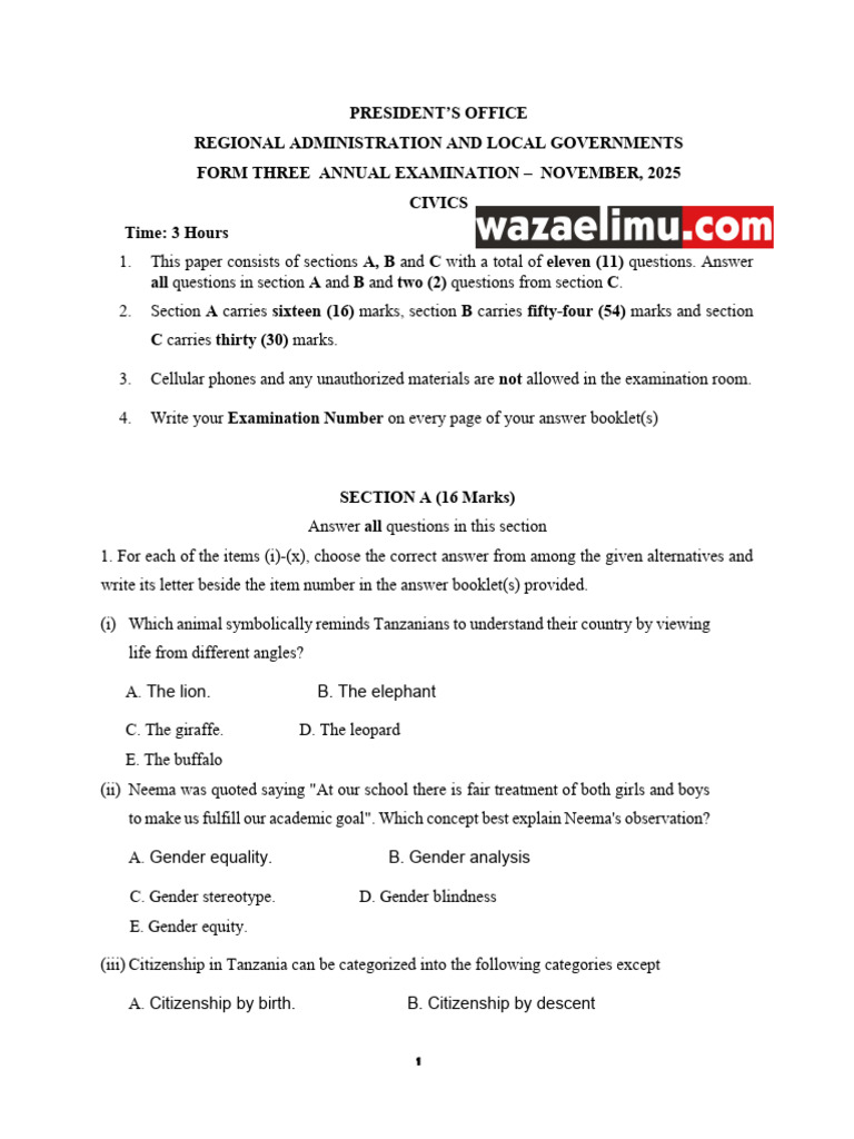 Civics Examination Guide for Form Three | PDF | Voting | Democracy