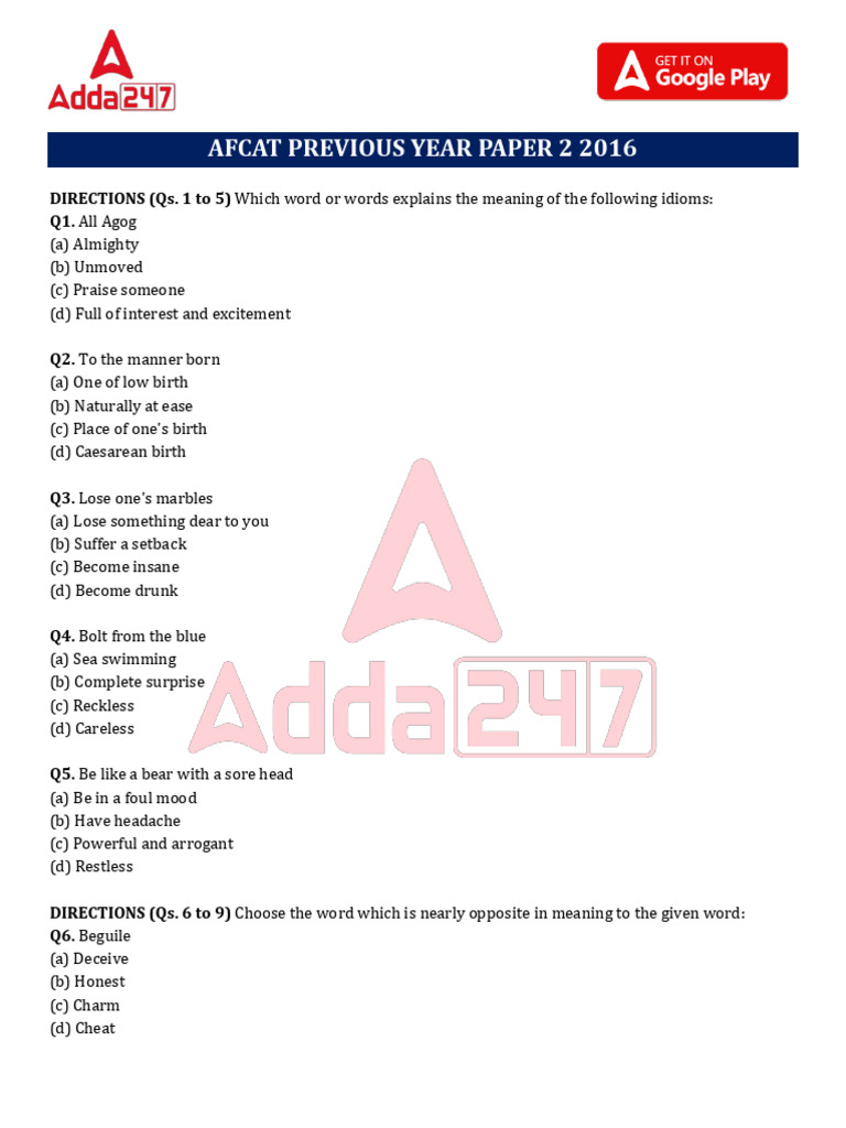 AFCAT 2016 Previous Year Paper Analysis | PDF