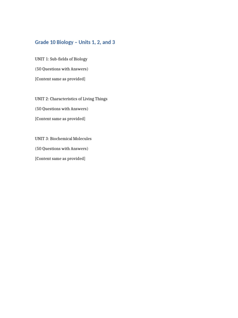 Grade 10 Biology: Units 1-3 Q&A Guide | PDF