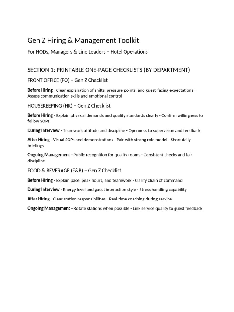 Gen Z Hiring & Management Toolkit - Hotel Operations | PDF