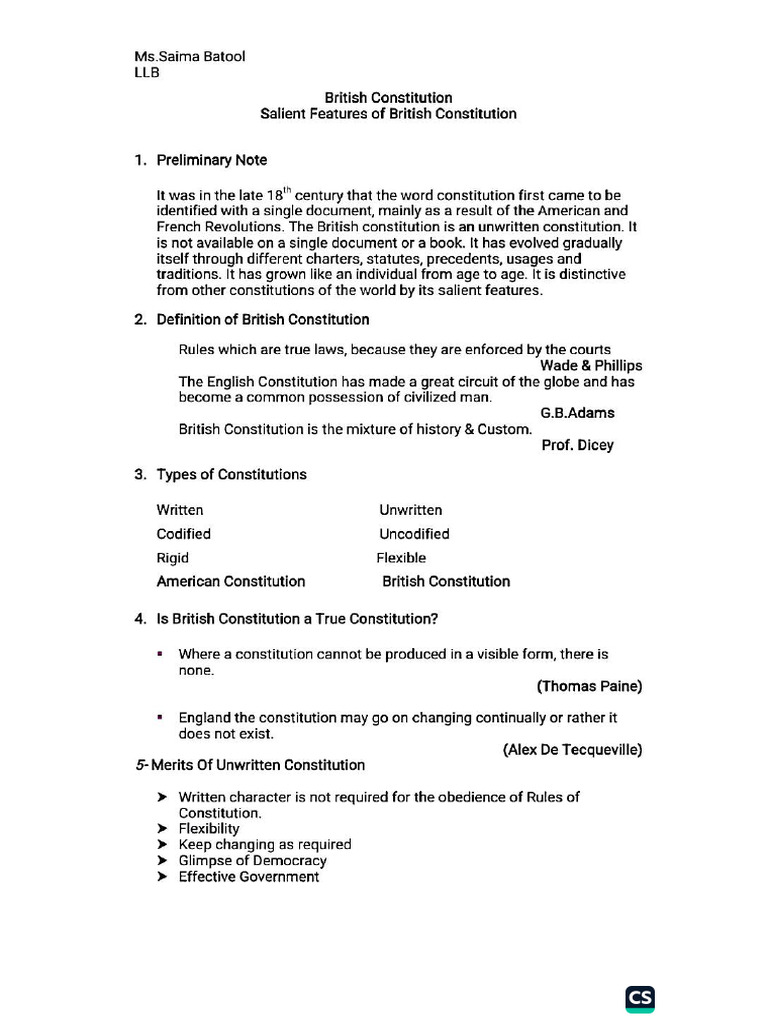 Salient Features of British Constitution | PDF