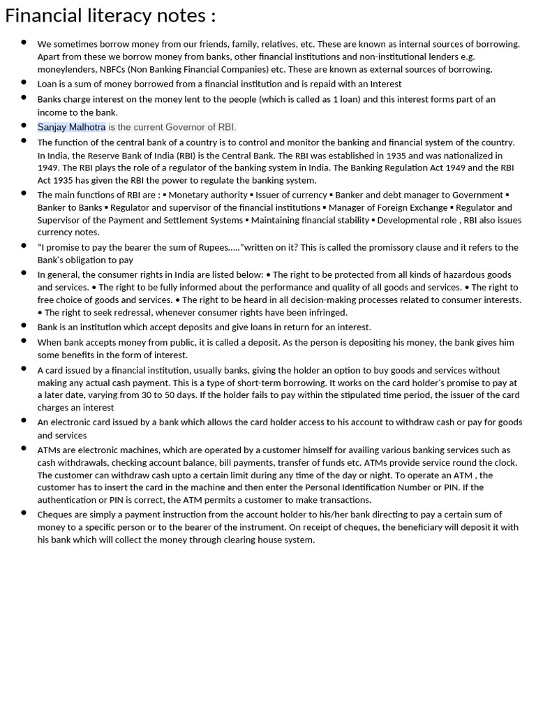 Financial Literacy Notes | PDF | Reserve Bank Of India | Banks