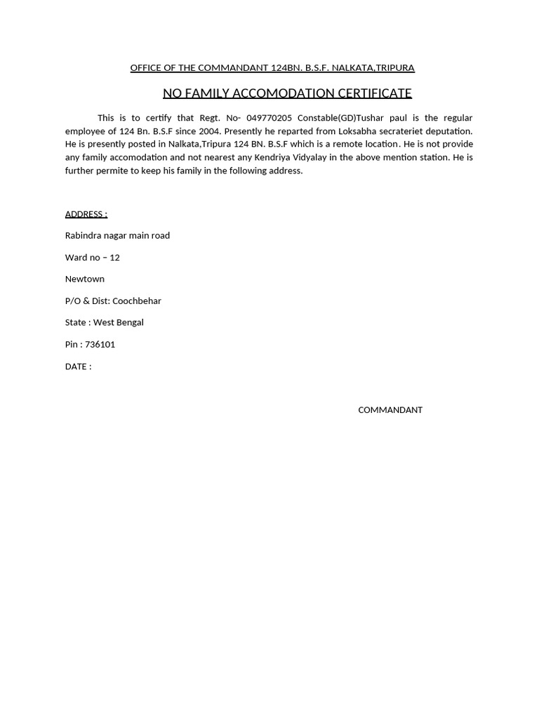 No Family Accomodation Certificate: Office of The Commandant 124Bn. B.S ...
