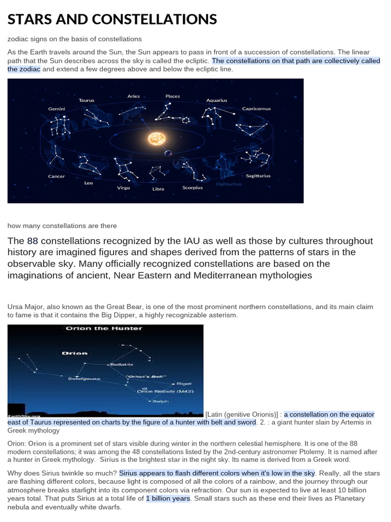 Zodiac Constellations and Star Facts | PDF | Stars | Constellation