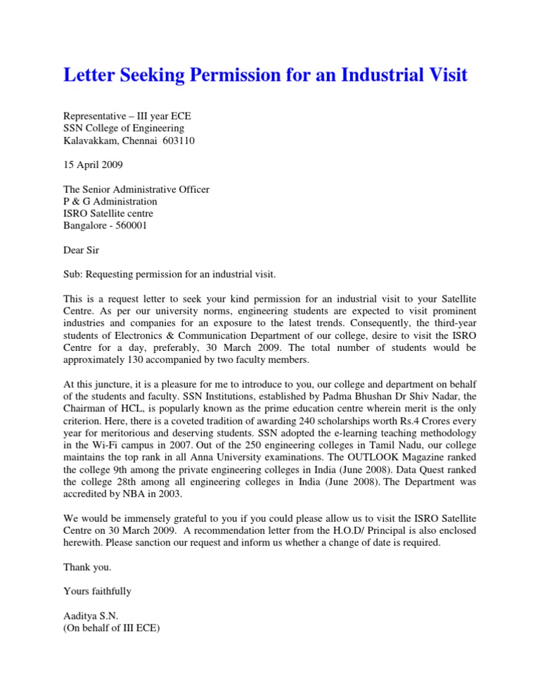 Industrial Visit Letter | PDF | Learning