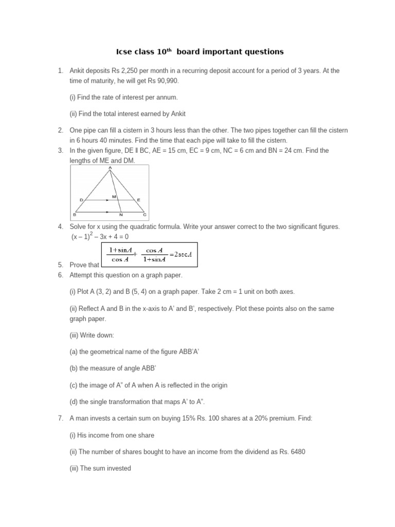 Icse Class 10th Board Important Questions | PDF | Quartile | Mathematics