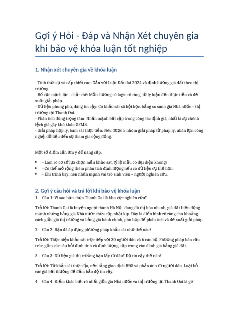 Goi y Cau Hoi Va Dap An Bao Ve Khoa Luan | PDF
