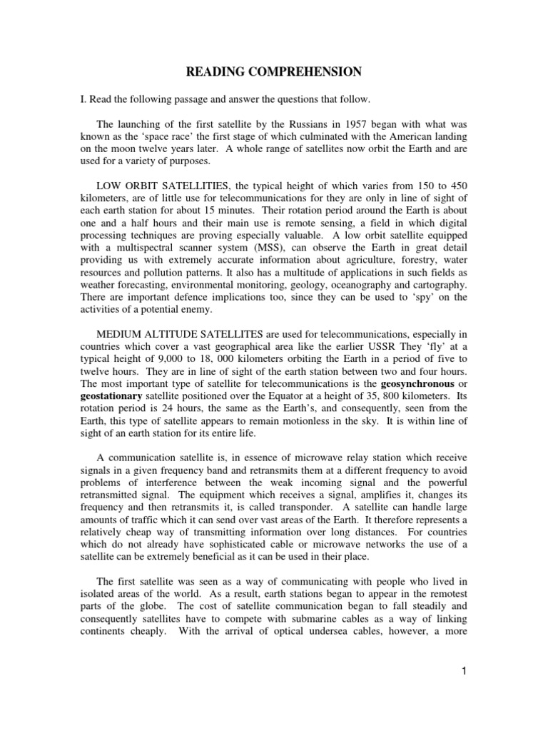 Reading Comprehension | PDF | Communications Satellite | Satellite