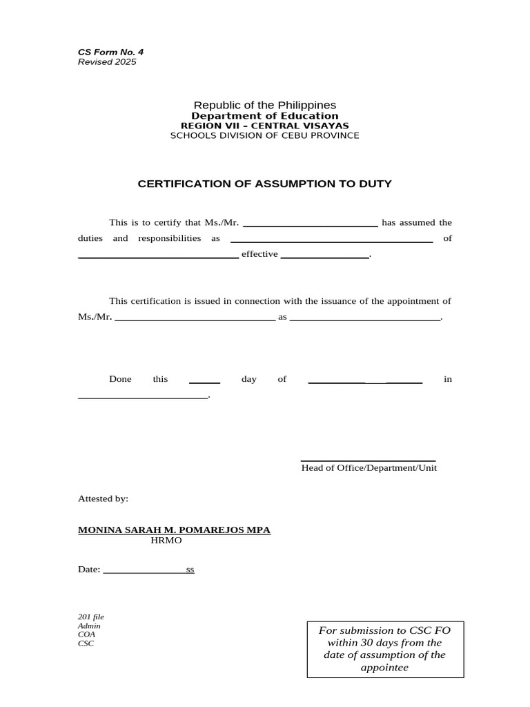 Certification of Assumption to Duty Form | PDF