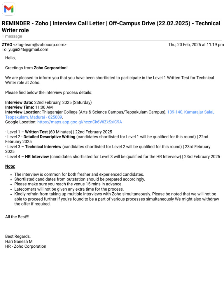 Zoho Technicall Writer Call Letter | PDF