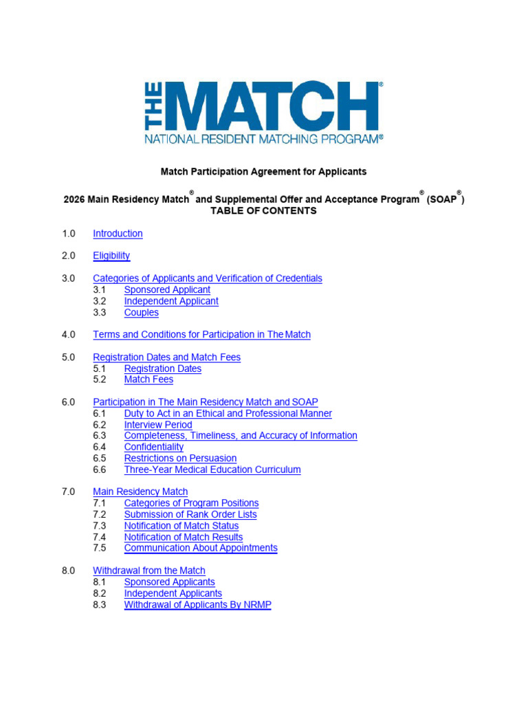 Match Participation Agreement 2026 | PDF | Residency (Medicine)