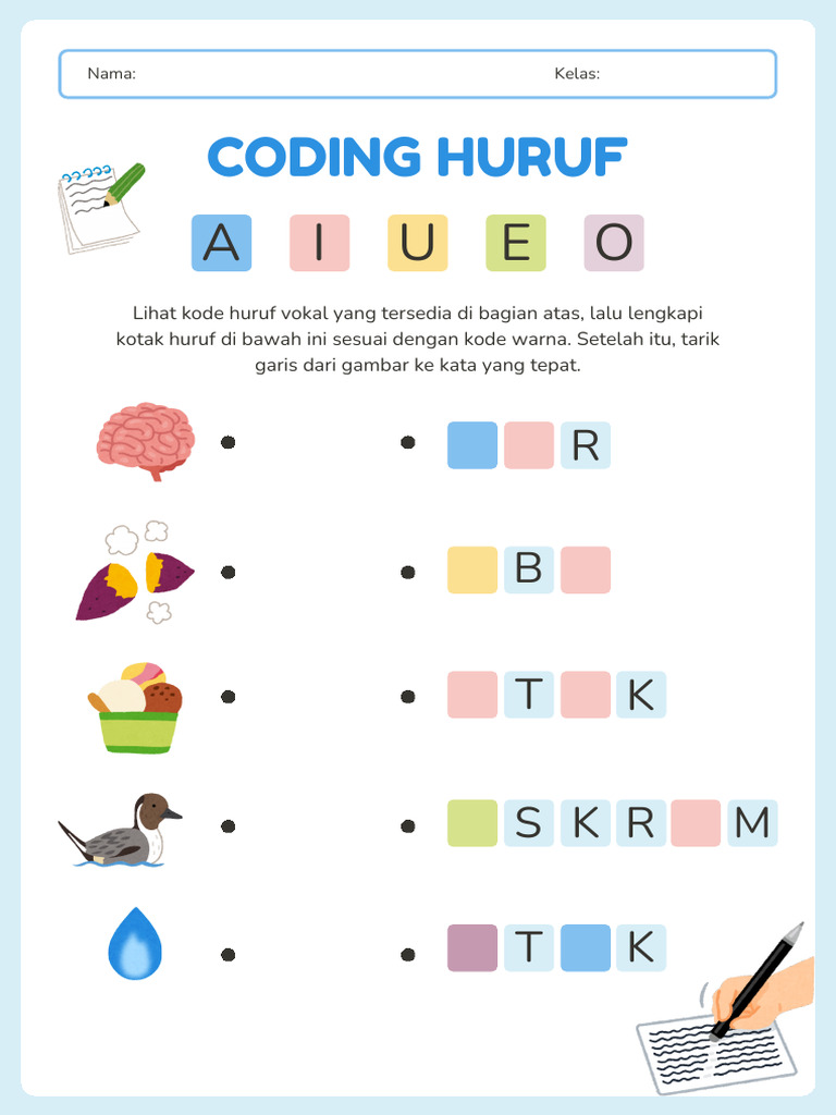 Lembar Kerja Coding Huruf Dalam Gaya Ilustrasi Lucu Warni-Warni Pastel ...