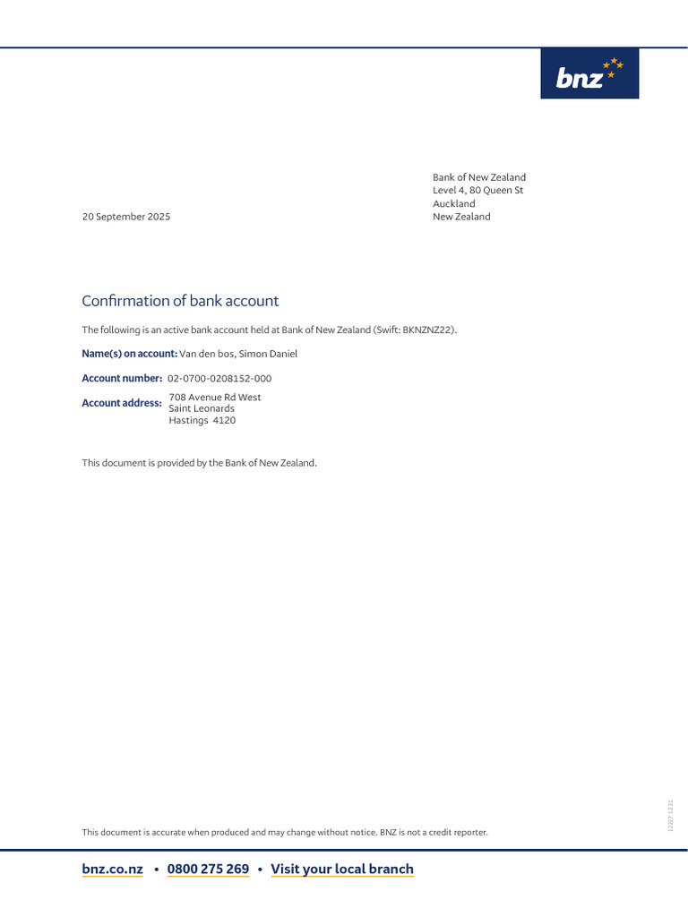 BNZ Bank Account Confirmation Document | PDF