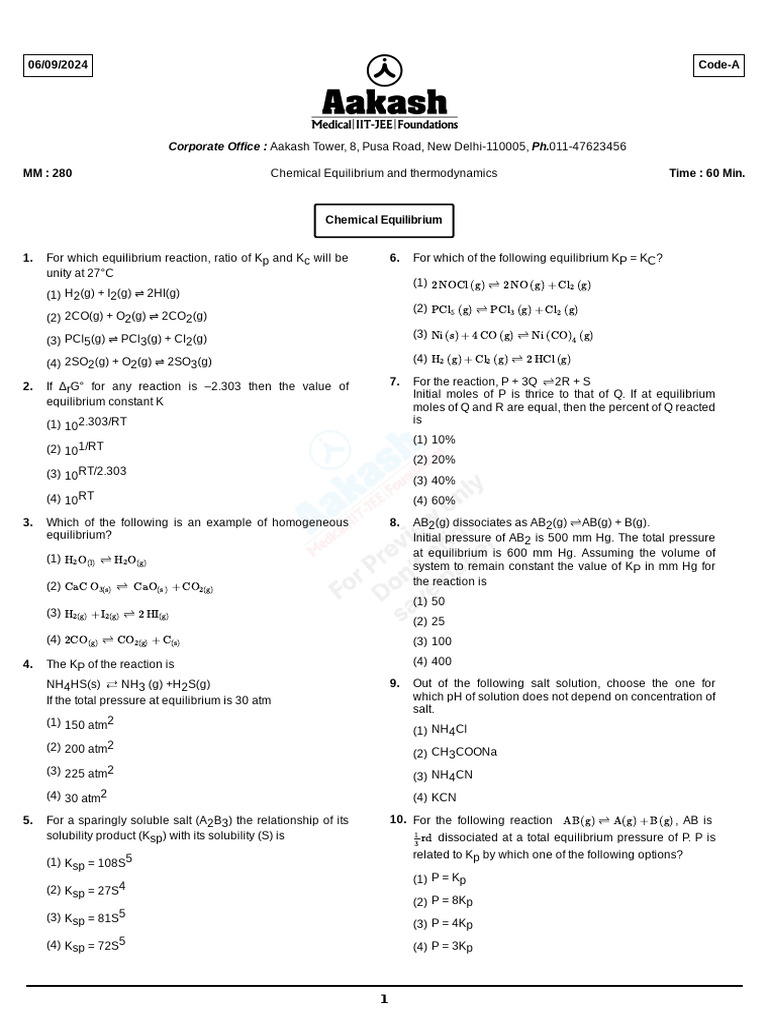 Chemical Equilibrium and Thermodynamics., Questions | PDF | Chemical ...