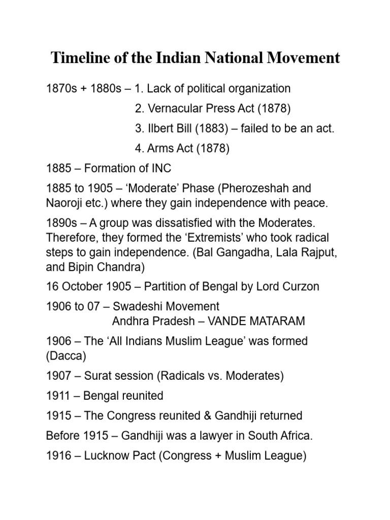Indian National Movement Timeline | PDF | Indian Rebellion Of 1857 ...