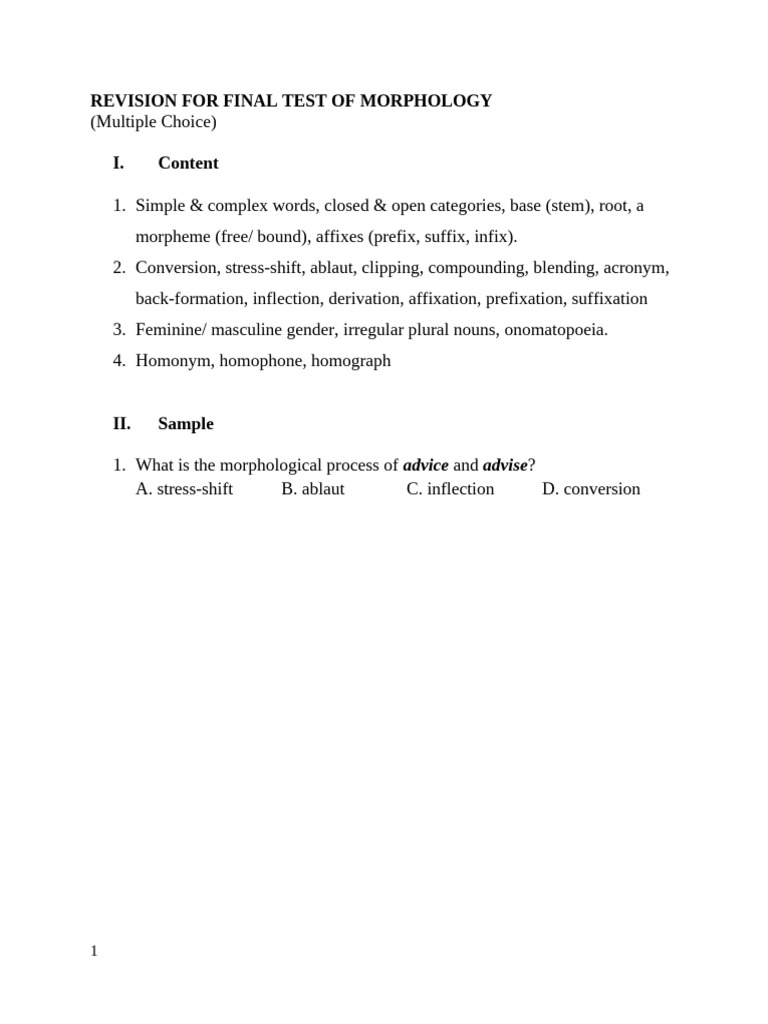 Morphology Final Test Revision Guide | PDF | Word | Morphology ...