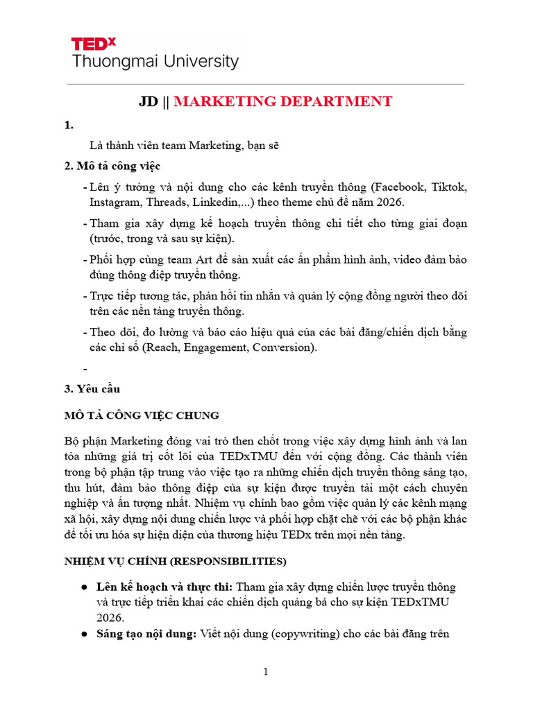 01. Jd Tuyển Member Marketing Department _ Minh Khuê (1) | PDF
